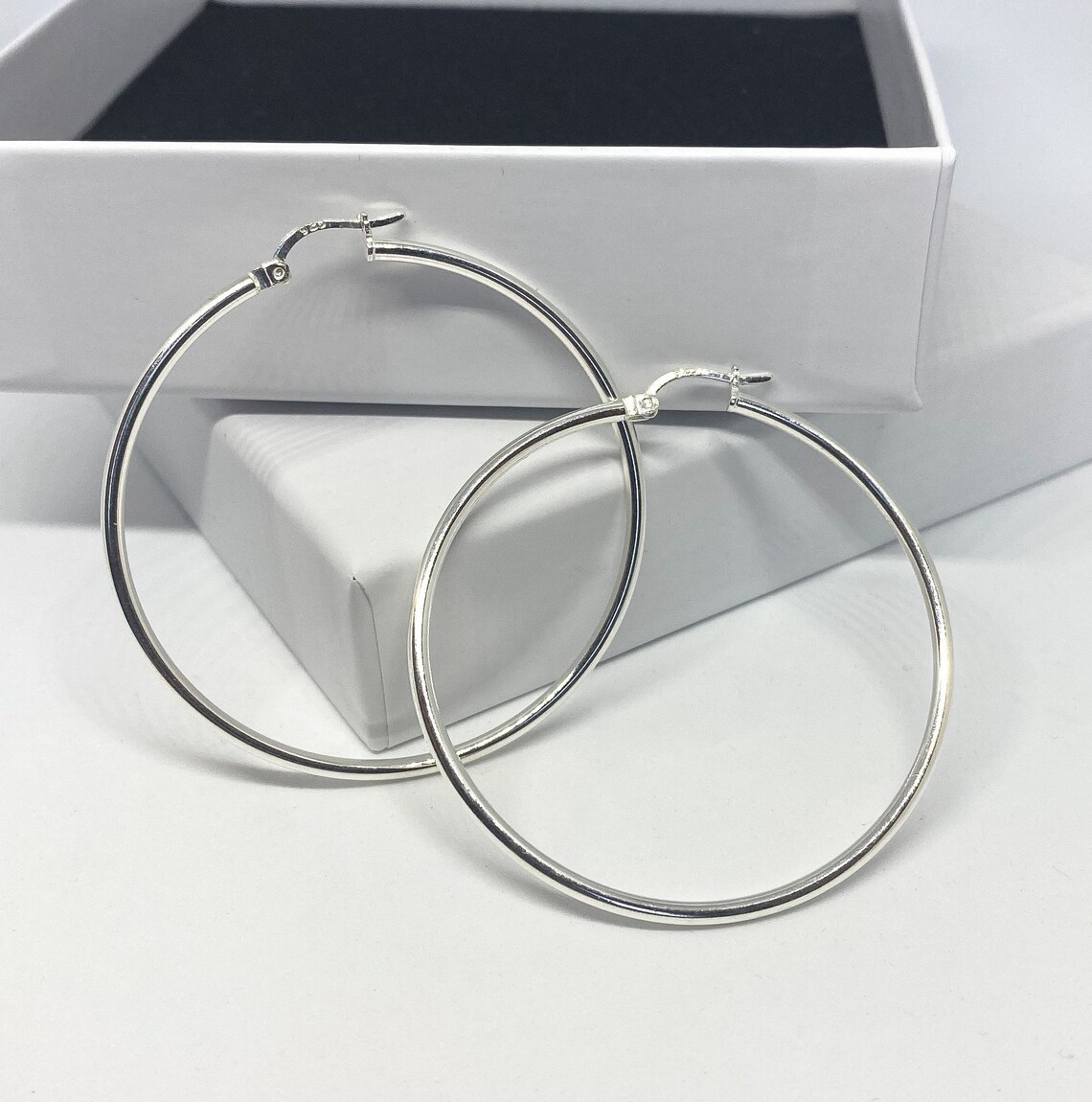 Large silver hoop earrings 50mm wide fine hoop earrings | Etsy