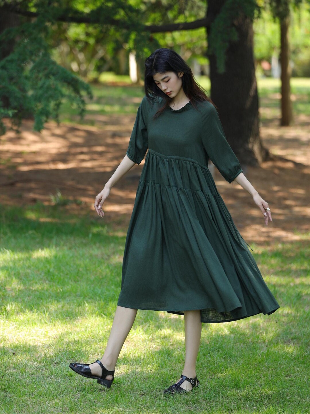 Vintage Cotton Linen Midi Dress Short Sleeves Dress With Tie Swing ...