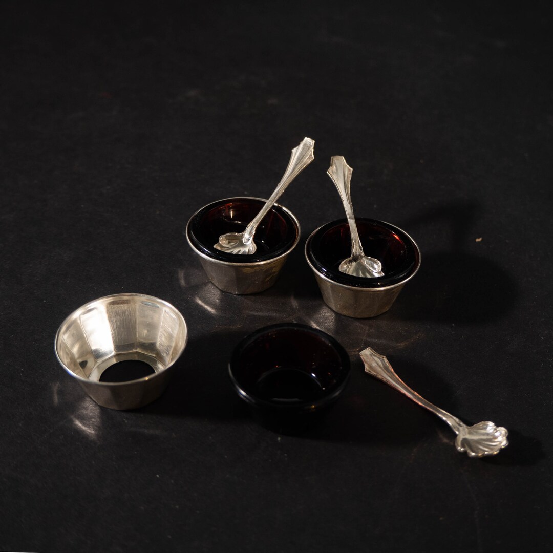 Set of 6pcs Sterling Salt Dishes. Amethyst Glass Insert With Silver ...