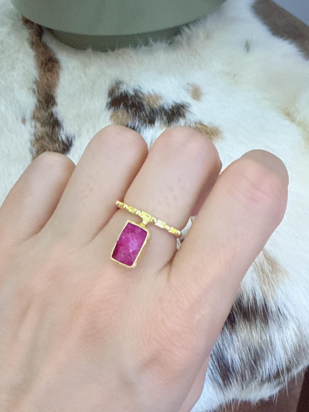 21K Gold Plated Ruby Ring • Crown Design Dangle Gemstone Ring ...