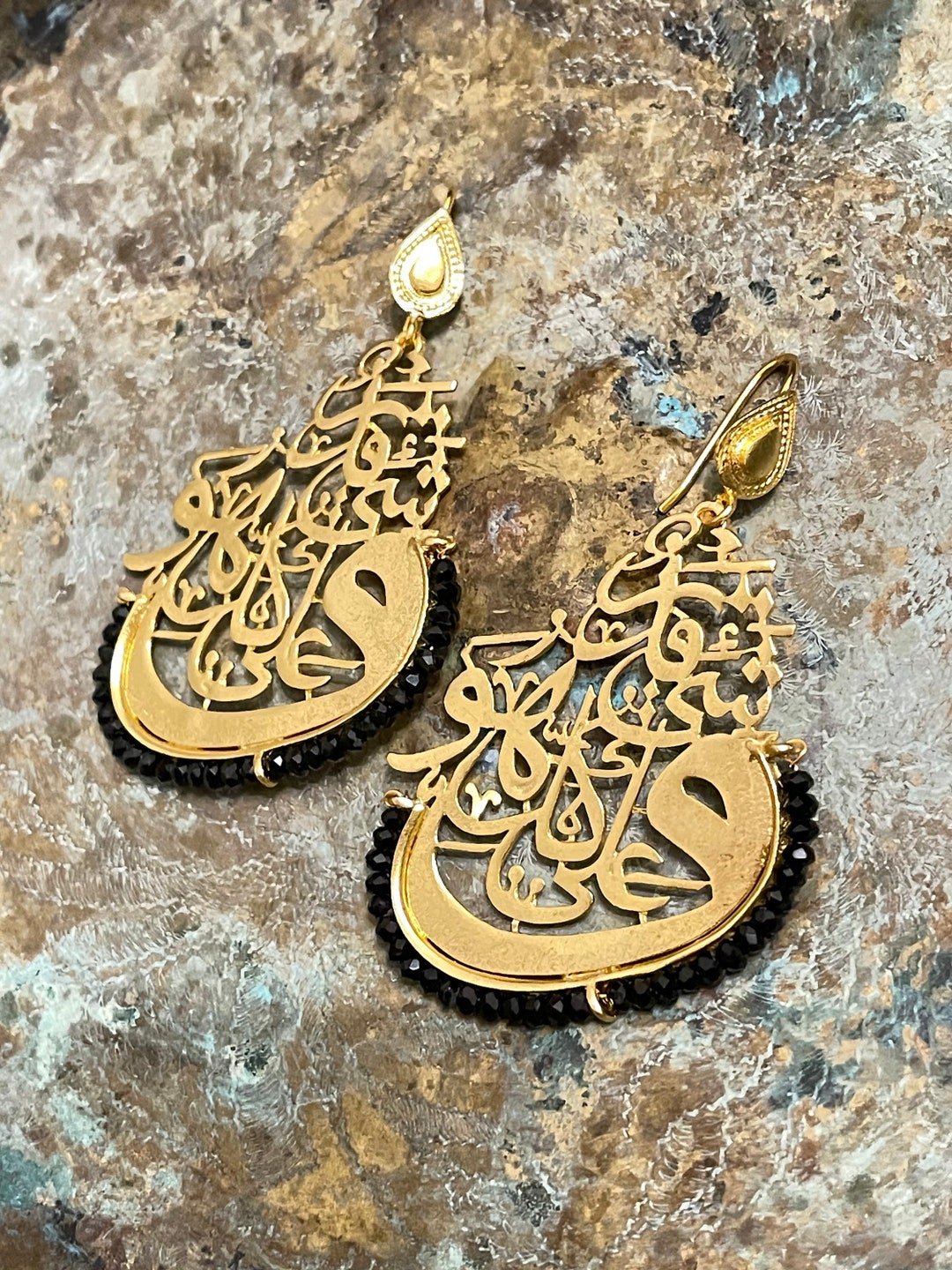Arabic Calligraphy Earrings, Onyx Earrings, Exotic Earrings, Gold ...