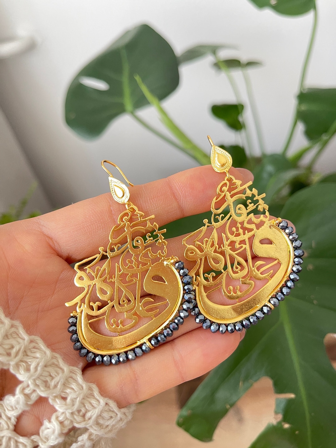 Gold Plated Arabic Calligraphy Earrings, Semi-precious Stone, Turkish ...