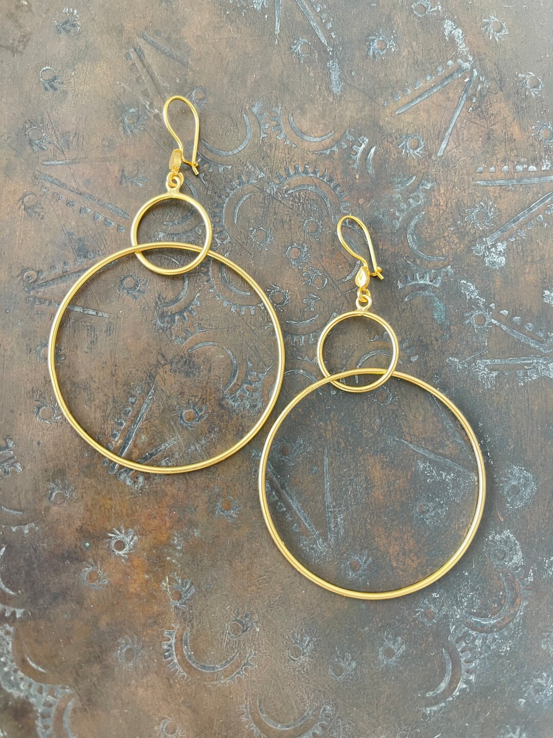 Double Hoop Earrings, Double Circle Earrings, Gold Plated Brass, Two ...