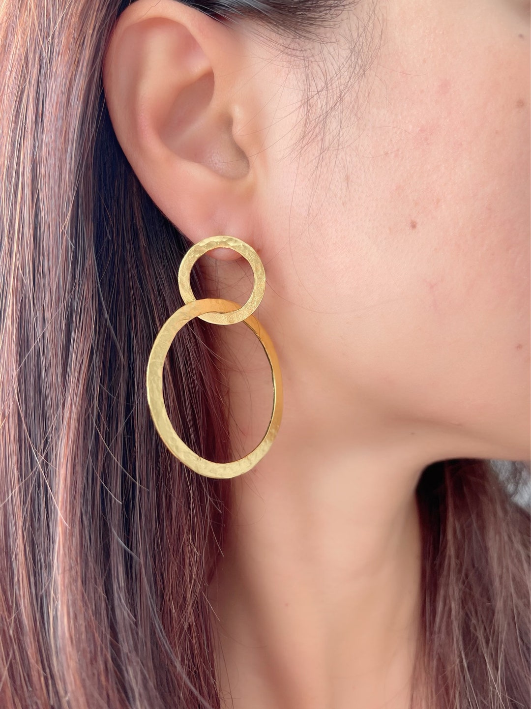 Double Hoop Earrings, Double Circle Earrings, Gold Plated Brass, Two Circle Earrings, Gold Hoop ...