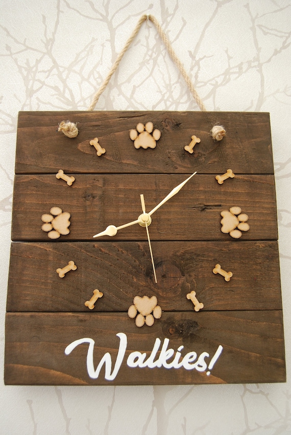 Reclaimed Pallet Wood Walkies Dog Clock Paw Prints and Bones | Etsy UK