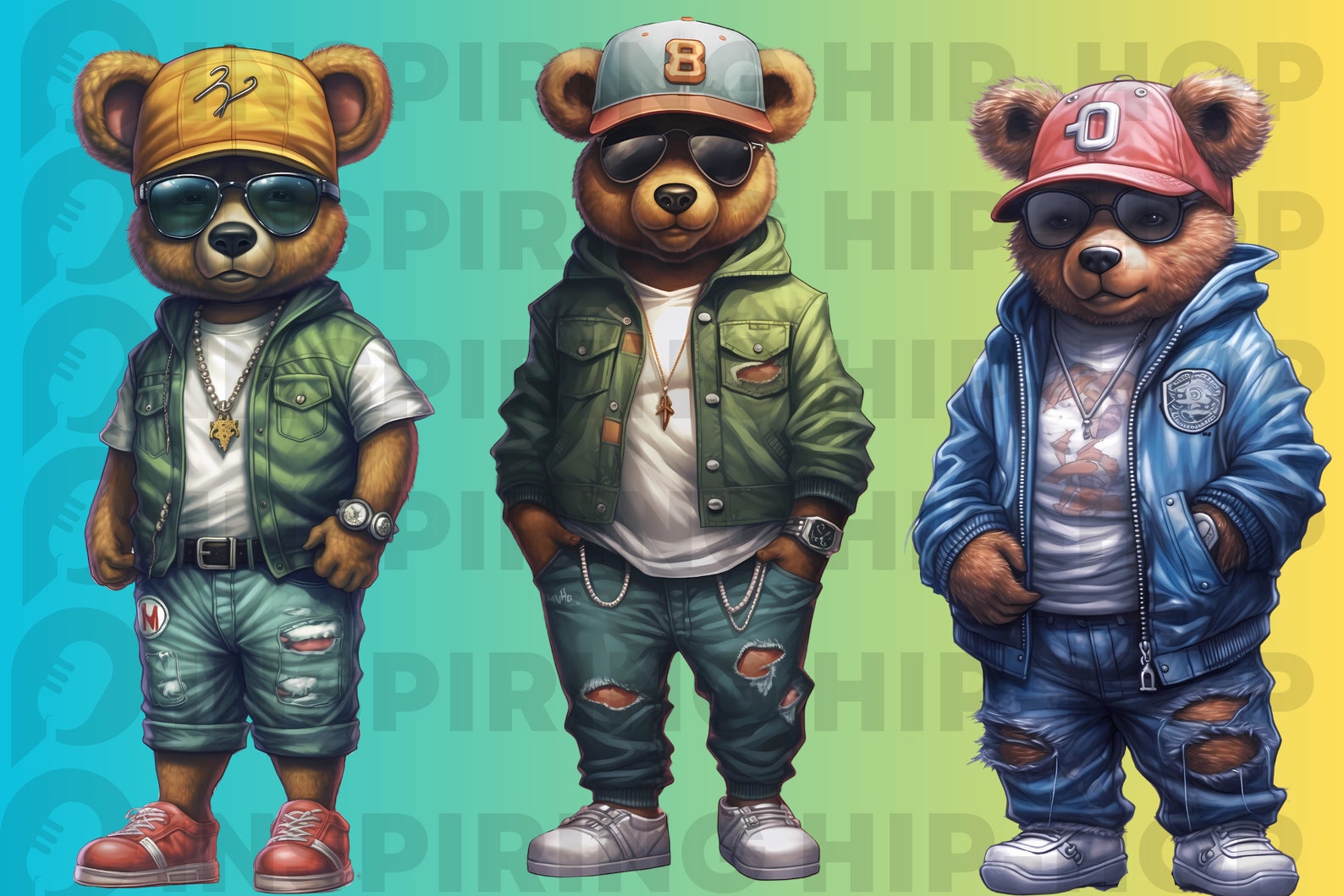 Hip Hop Bear Cartoon Bundle Trendy Teddy Bear Png T Shirt Digital Download Dtf Dtg Sublimation