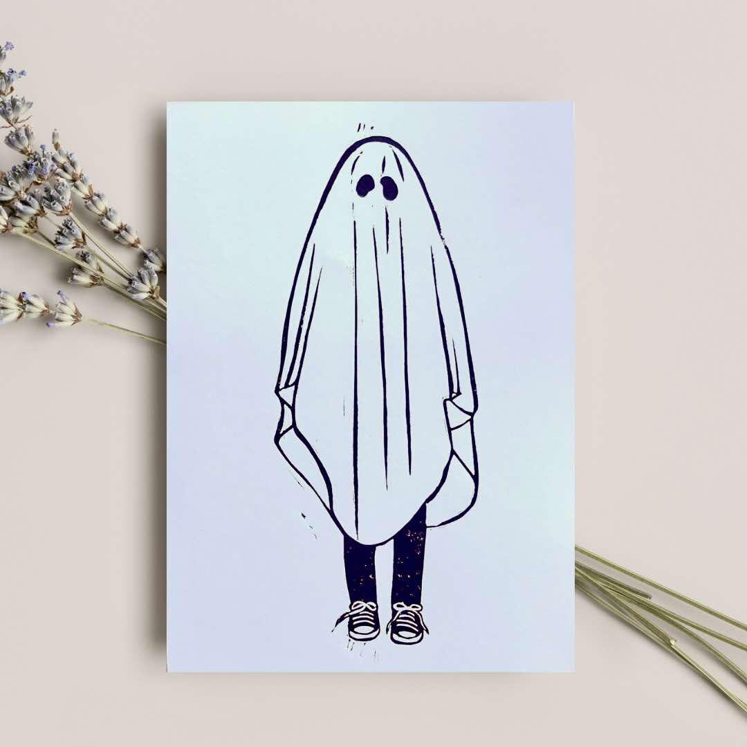 Ghost Girl A5 Lino Print. Spooky Cute Halloween Art. Minimalist Horror ...