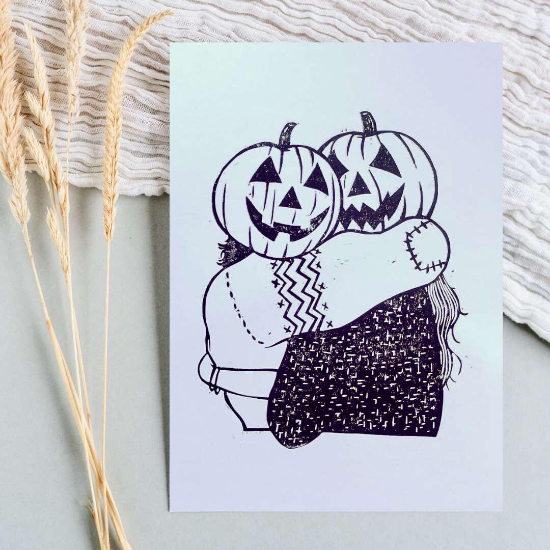 Pumpkin Ghouls Halloween Print. A5 Lino Print. Spooky Cute Gift ...