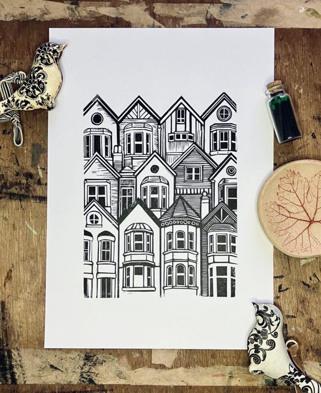 Architecture A4 Print, Houses Lino Print, Contemporary Art Poster, Cute ...