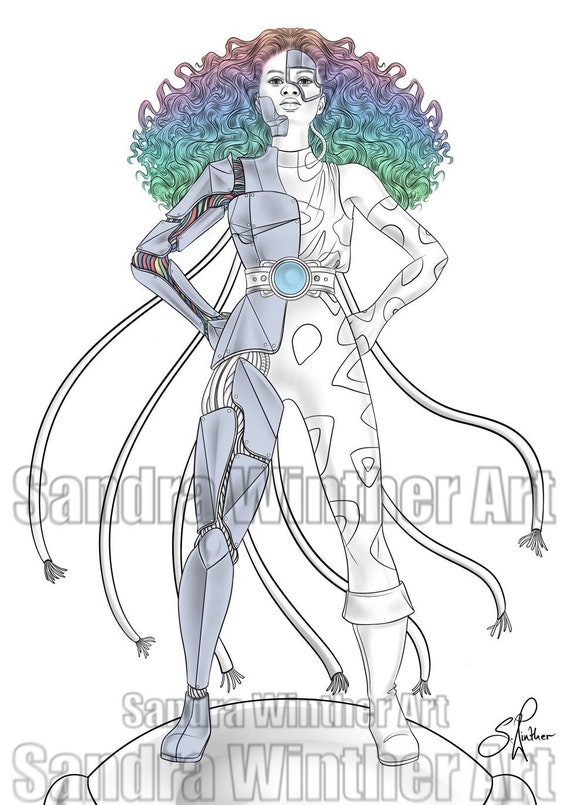 Cyborg Girl Printable Digital Coloring Page | Etsy
