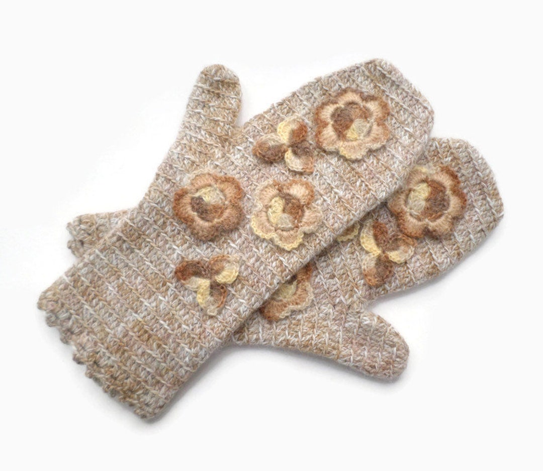 Woolen Crochet Mittens With Flower Embellishment Arm Warmers - Etsy