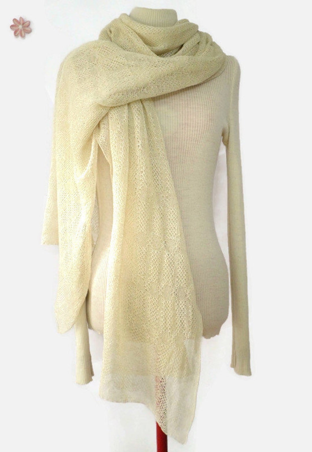Natural Linen Fine Beige Knitted Wrap, Wide Scarf, Lace Shawl, Long ...