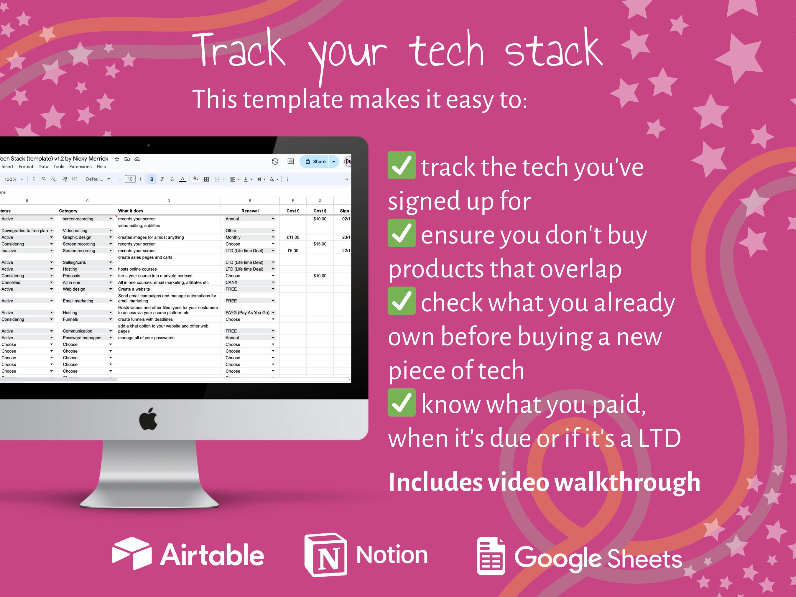 Track Your Tech Stack | Google Sheets | Notion | Airtable Tracker ...