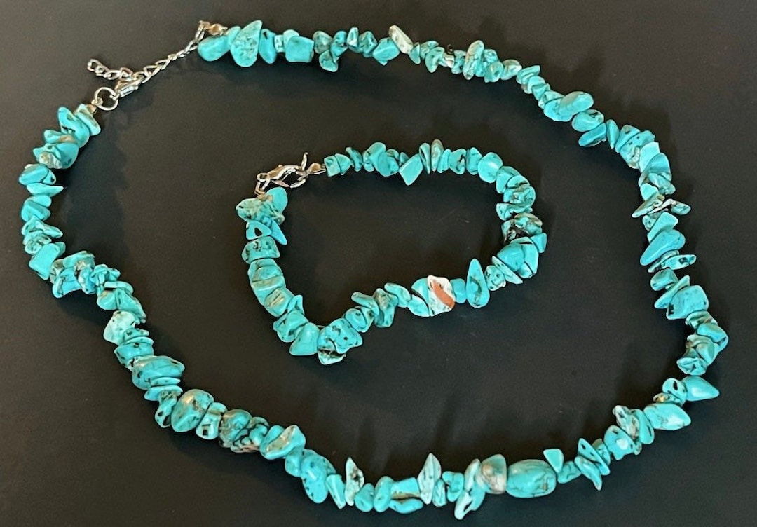 Blue Howlite Chip Bead Necklace and Bracelet Set, Handmade, Gemstone ...