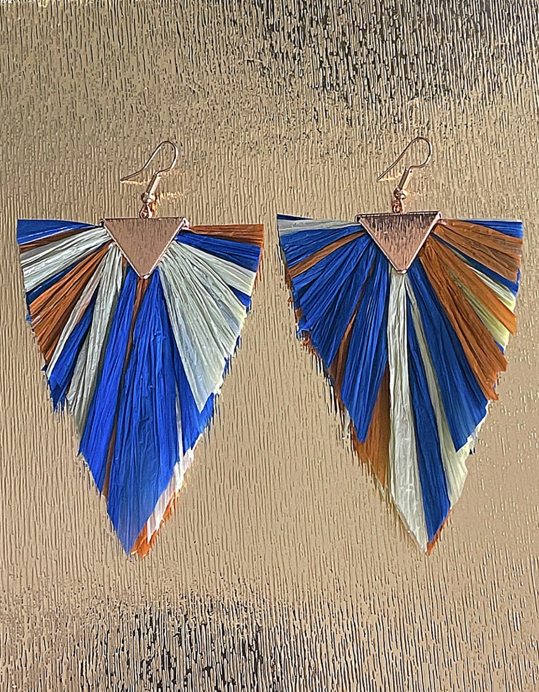 Long Blue and Brown Triangle Straw Tassel Earrings, Multicolored Drop ...