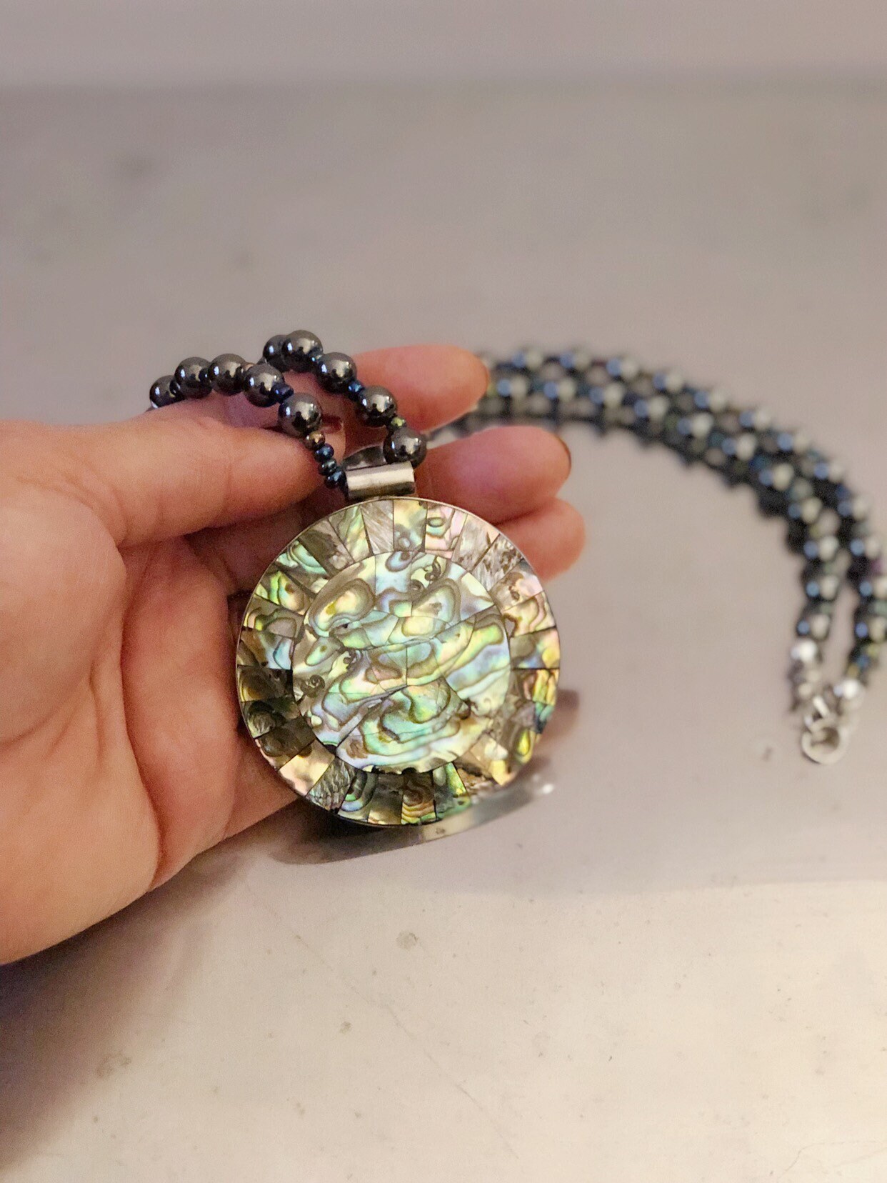 Round Abalone Shell Pendant Necklace With Hematite Beads, Handmade ...