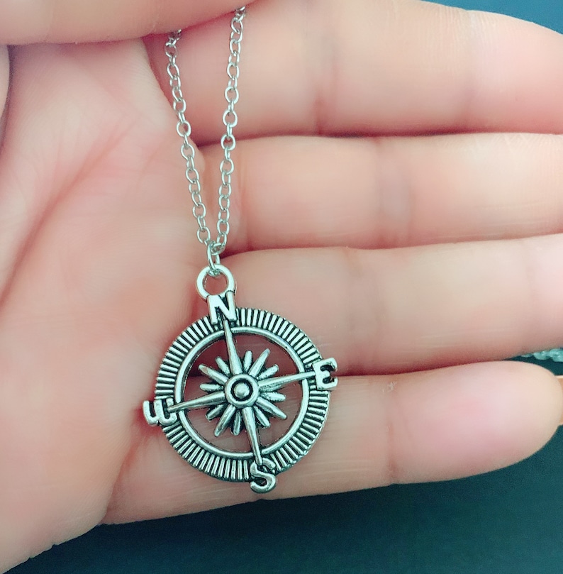 Antique SIlver Plated Compass Pendant Necklace Long Necklace | Etsy