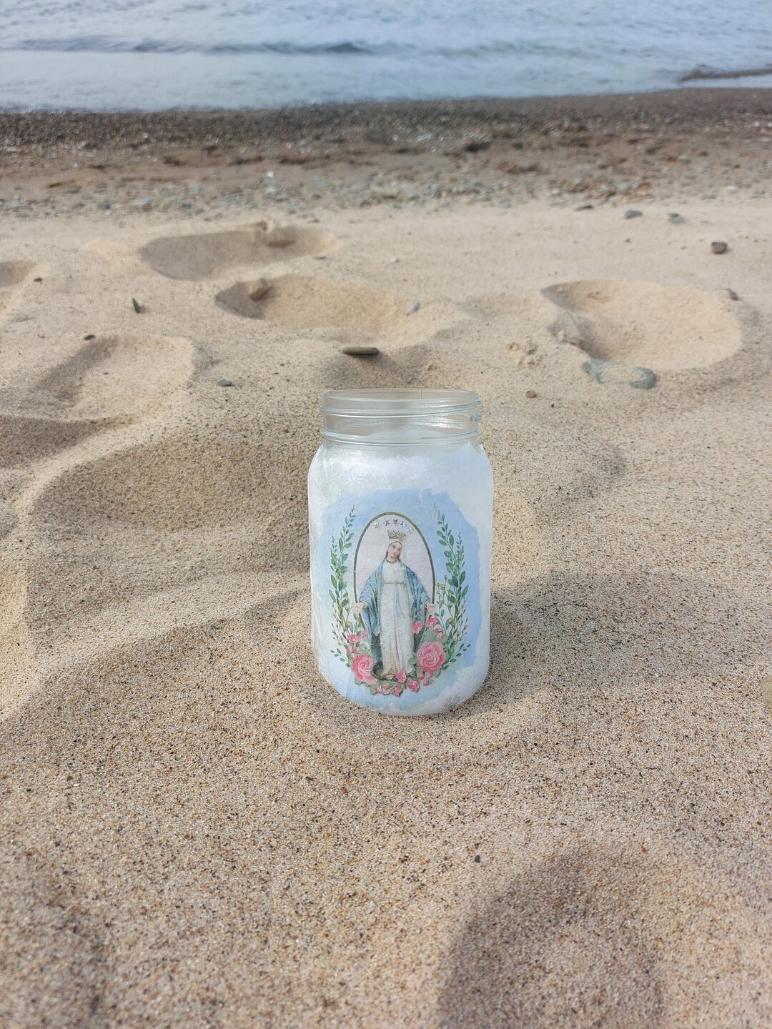 Virgin Mary Decoupaged Glass Mason Jar Candle Holy Water Flower Bouquet ...