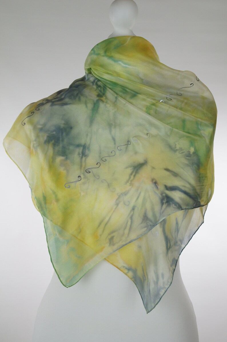 Grey Yellow Scarf, Grey Silk Scarf, Yellow Silk Scarf, Green Scarf ...