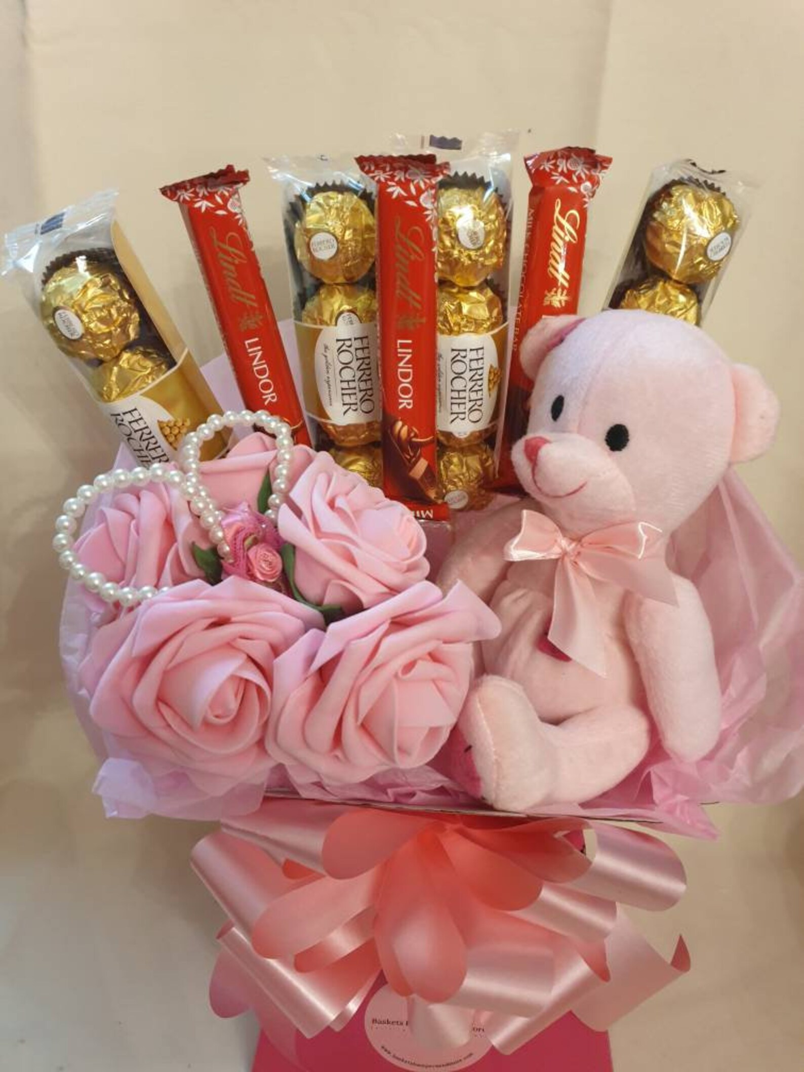 Luxury Pink Delight Ferrero & Lindt Chocolates and Teddy Bouquet Sweet ...