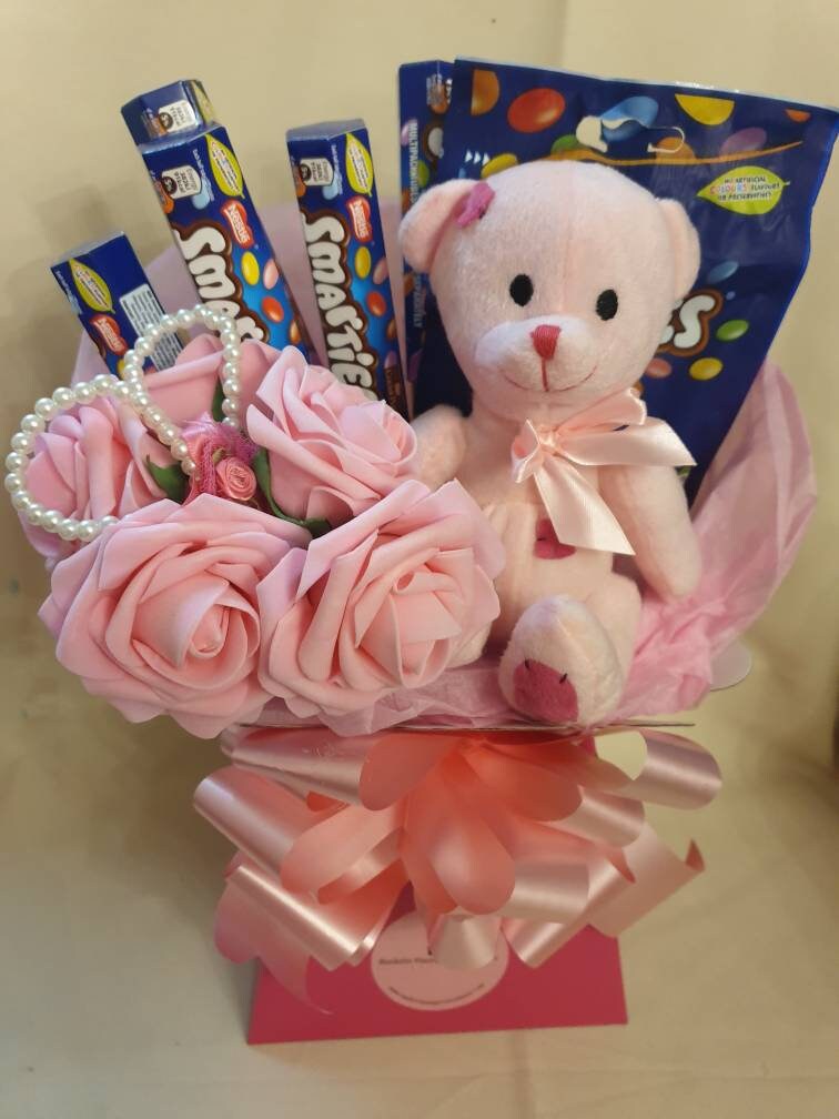 Luxury Pink Delight Smarties Chocolates and Teddy Bouquet - Etsy