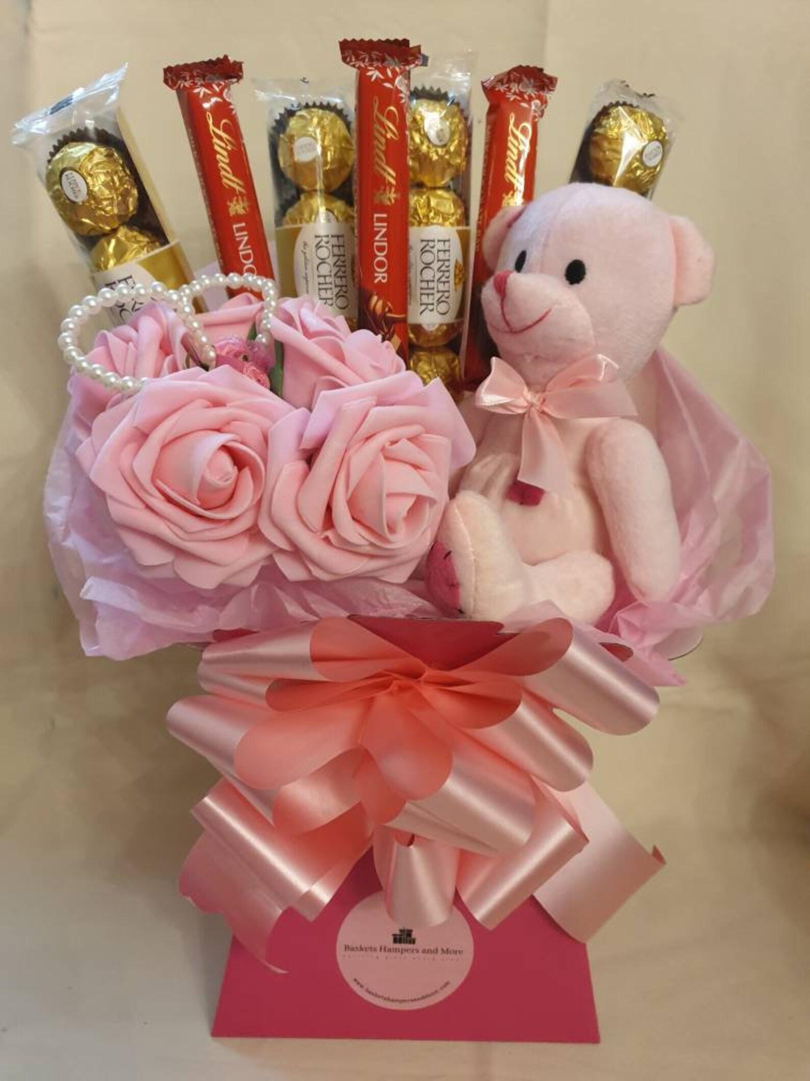 Luxury Pink Delight Ferrero & Lindt Chocolates and Teddy Bouquet Sweet ...