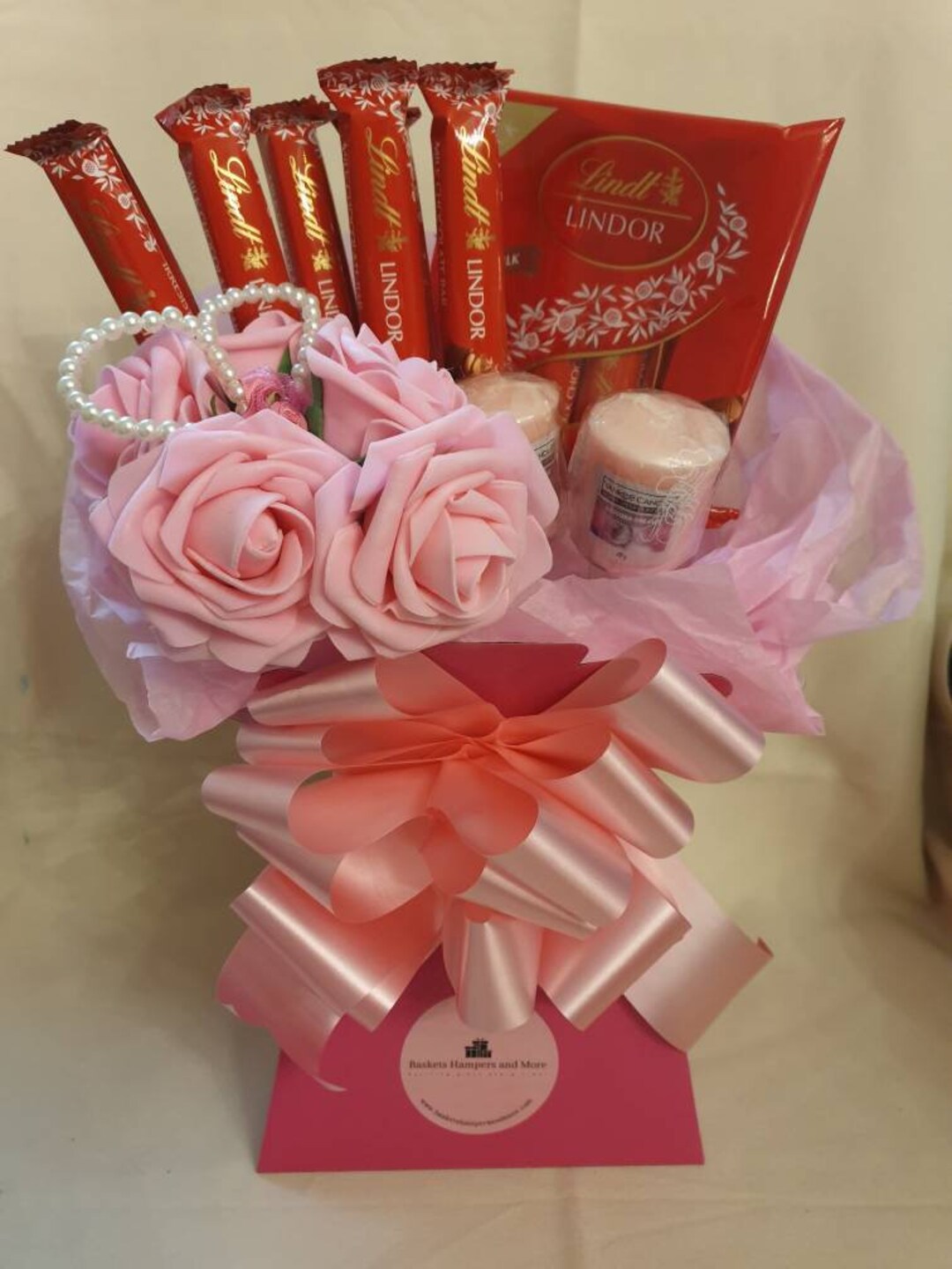 Luxury Pink Delight Lindt Bars Chocolates and Yankee Candles Bouquet ...