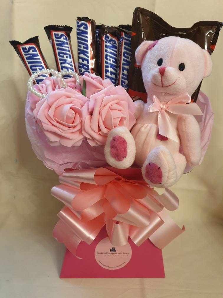 Luxury Pink Delight Snickers Chocolates and Teddy Bouquet Sweet Gift ...