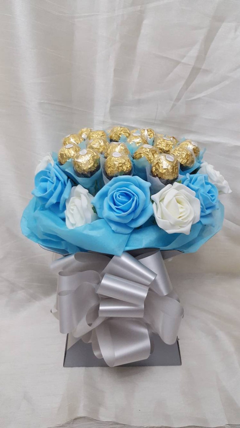 Luxury Blue & Silver Ferrero Rocher Chocolate Bouquet Sweet Gift Hamper ...