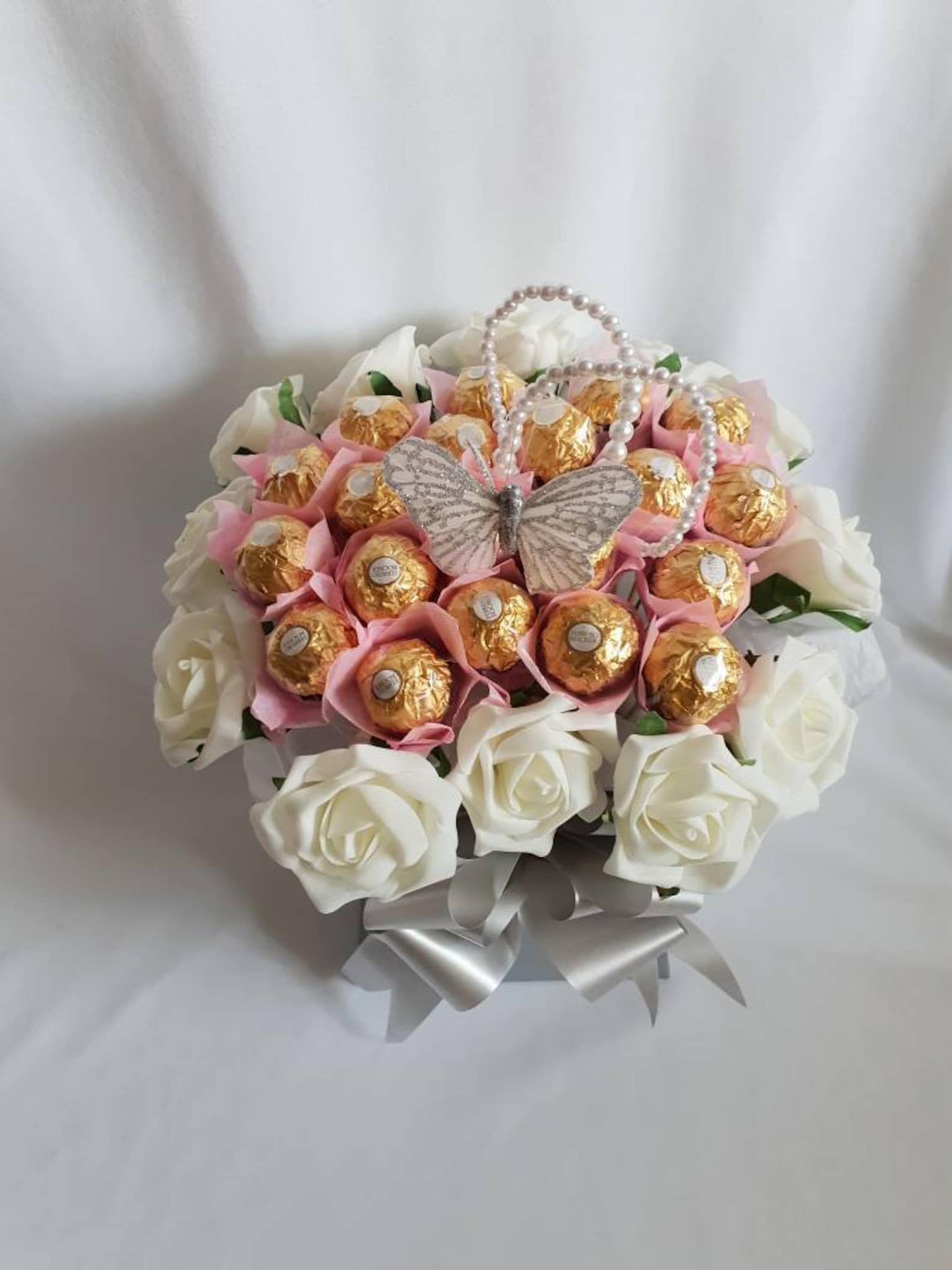 Ferrero Rocher Pink/silver Butterfly Pearls Chocolate Bouquet | Etsy