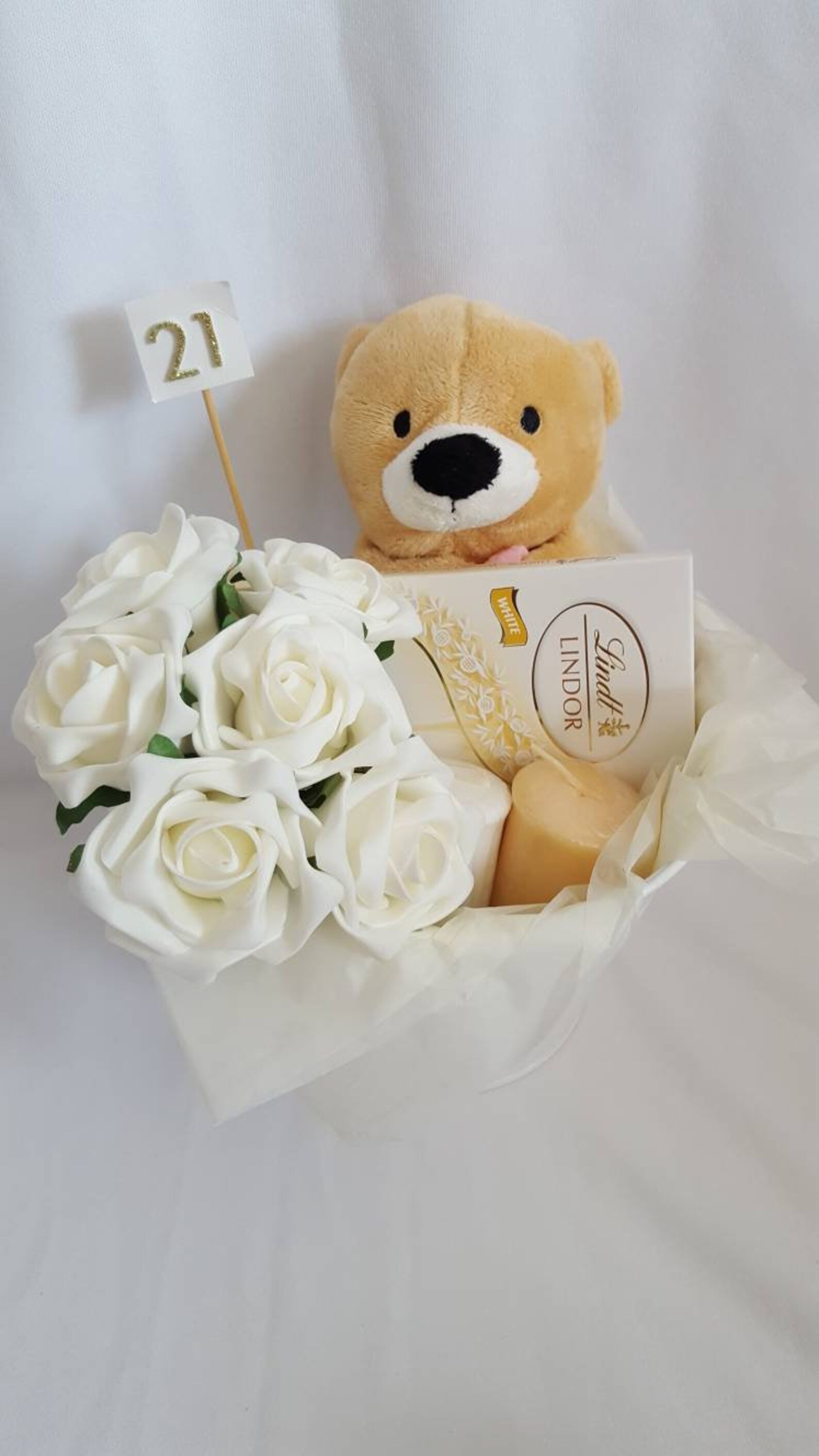 White Lindt Lindor Chocolates & Bear, Cream Yankee Candles Flowers ...