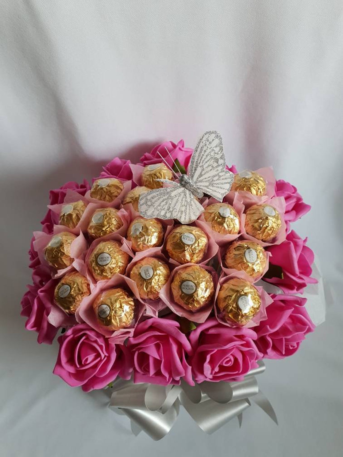 Ferrero Rocher Pink Roses Silver Butterfly Chocolate Bouquet Any ...