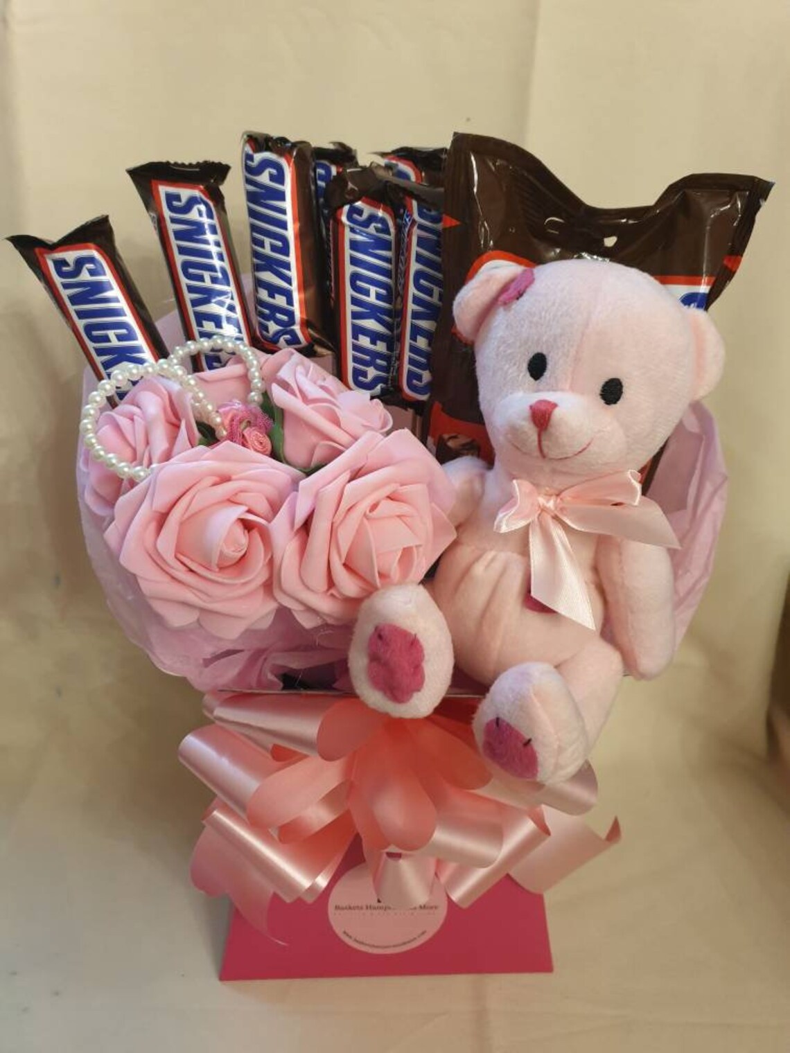 Luxury Pink Delight Snickers Chocolates and Teddy Bouquet Sweet Gift ...