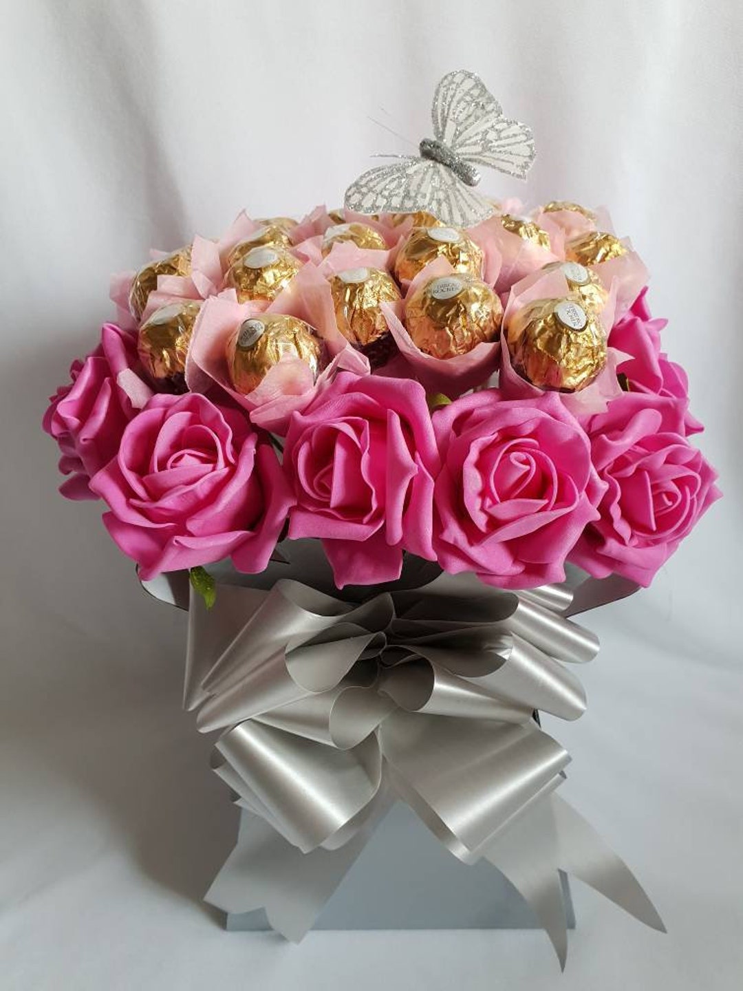 Ferrero Rocher Pink Roses Silver Butterfly Chocolate Bouquet- Any ...