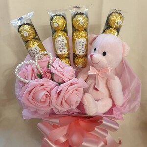 Luxury Pink Delight Ferrero Chocolates and Teddy Bouquet Sweet Gift ...