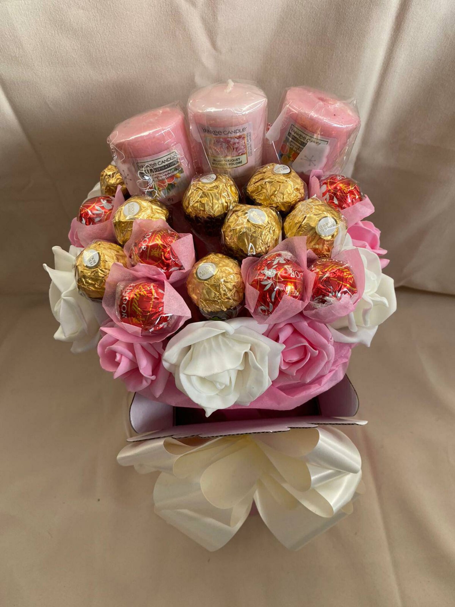 Luxury Pink & Cream Yankee Lindt Ferrero Rocher Chocolates Bouquet ...