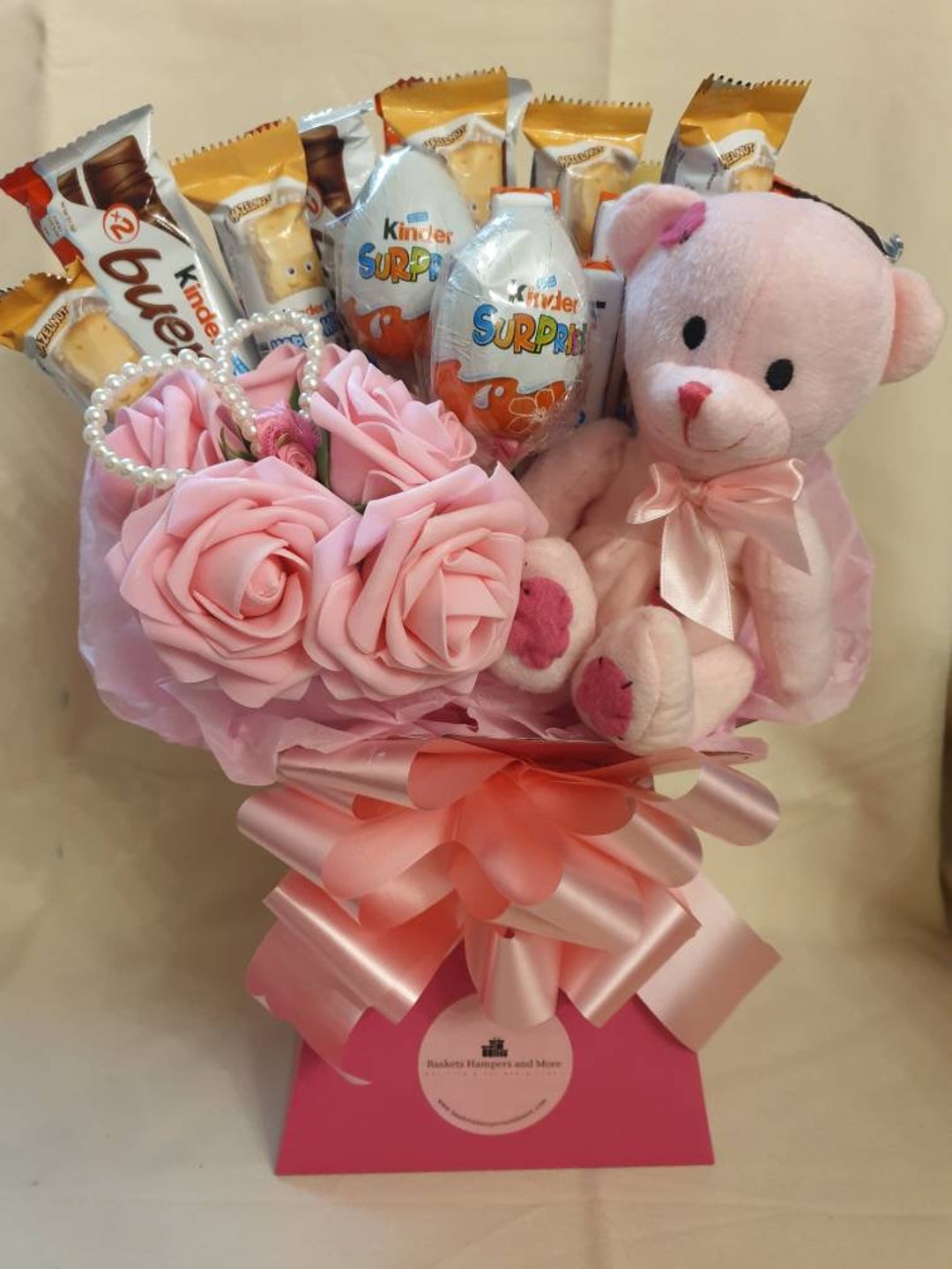 Luxury Pink Delight Kinder Chocolates and Teddy Bouquet- Sweet Gift ...