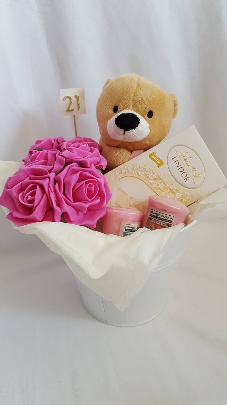 White Lindt Lindor Chocolates & Bear, Pink Yankee Candles Flowers ...