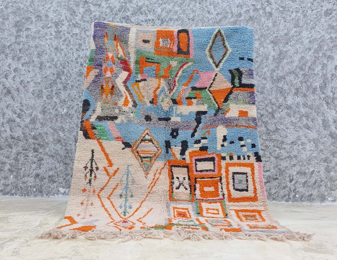 Colorful Berber Moroccan Rug7.5x5 Ft , Blue and Orange Boujad Rug ...