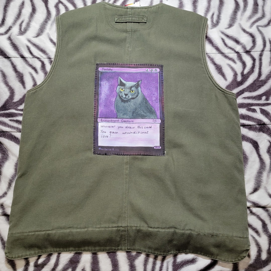 Upcycled Denim Vest Magic Card Cat Art Patch Handmade Men - Etsy