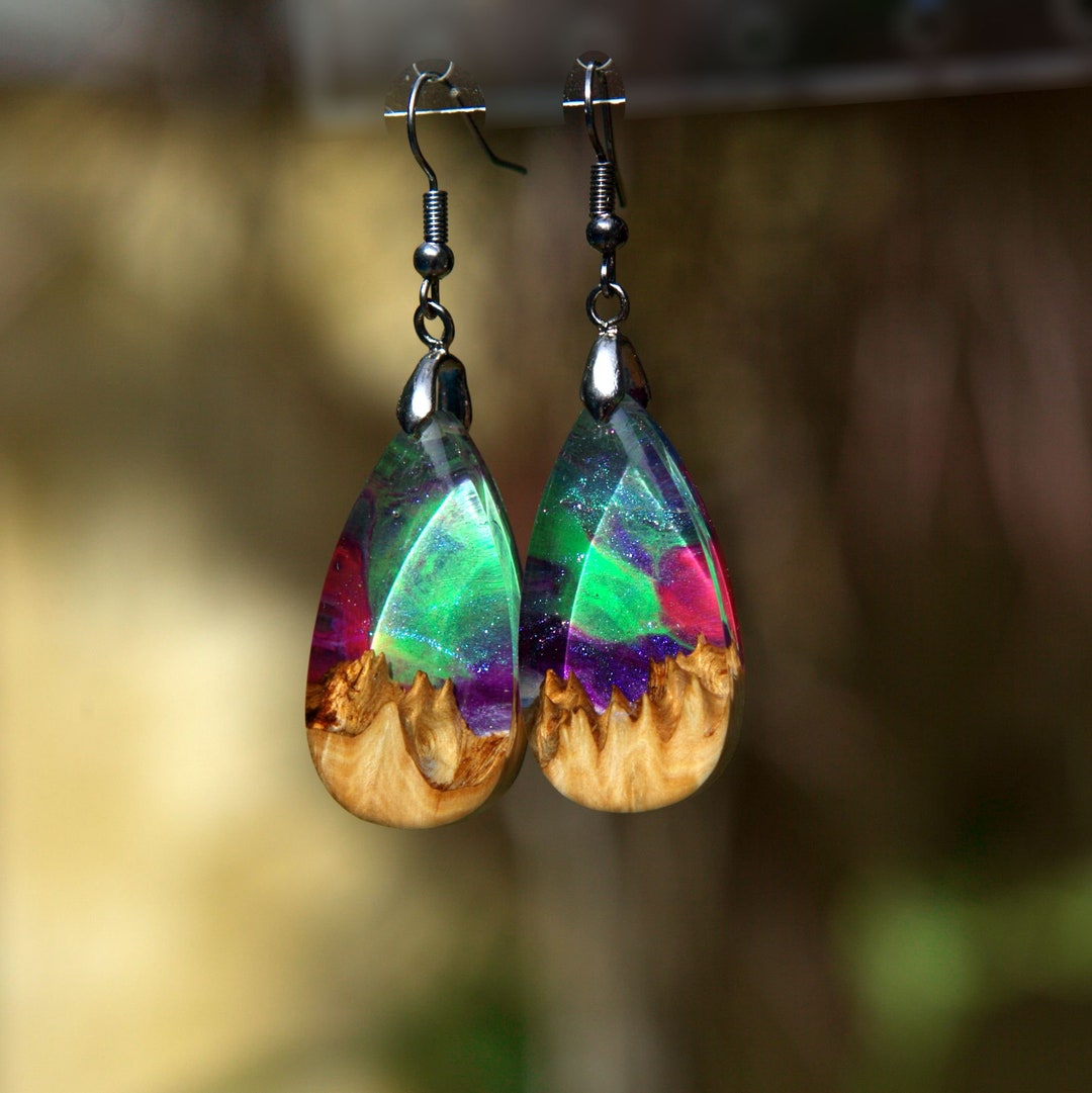 Epoxy Earrings Dangle. Secret Wood Jewelry. Wood Resin Art. Wood Resin ...