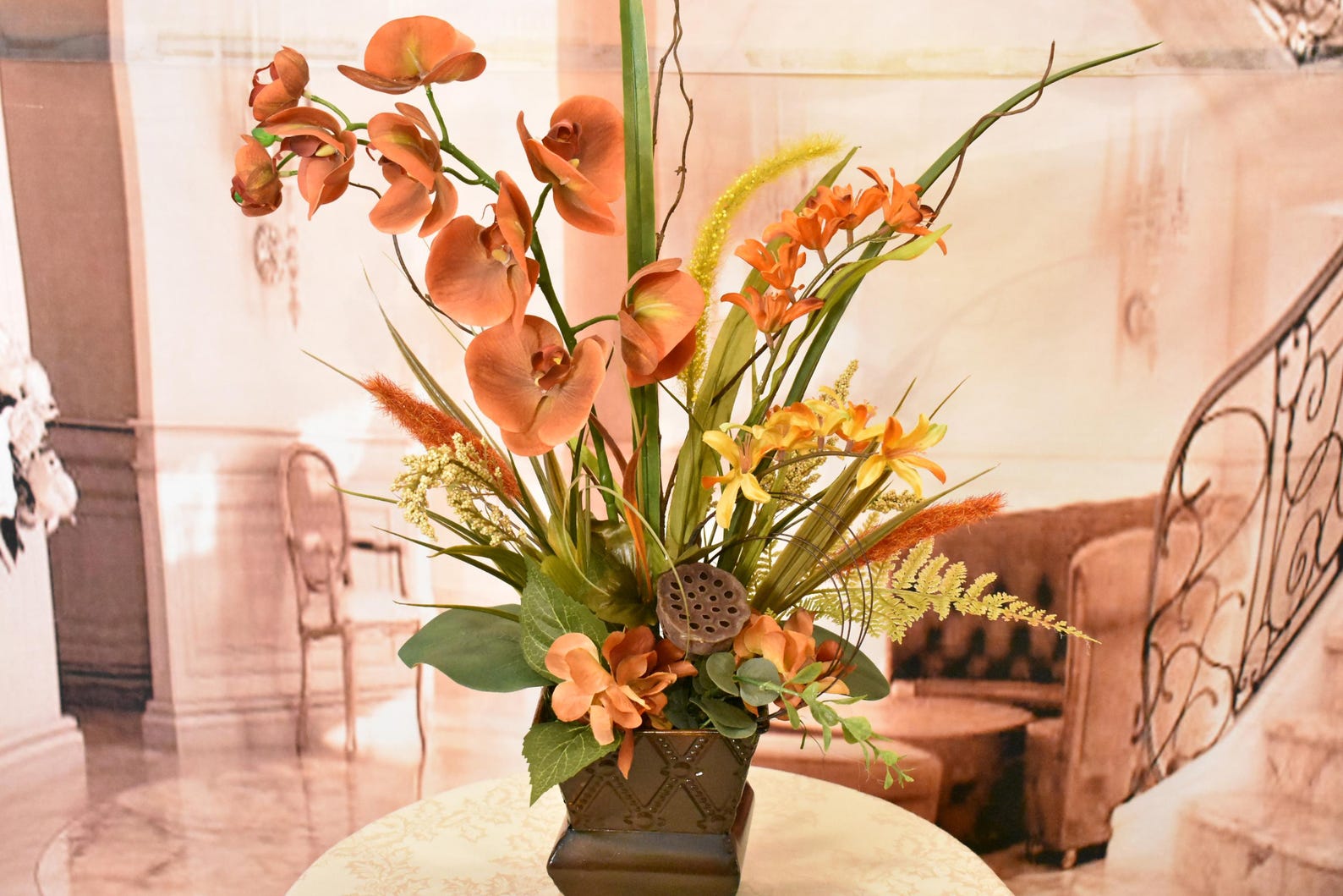 Terra Cotta Orchid Silk Floral Design With Feathers and Botanicals - Etsy