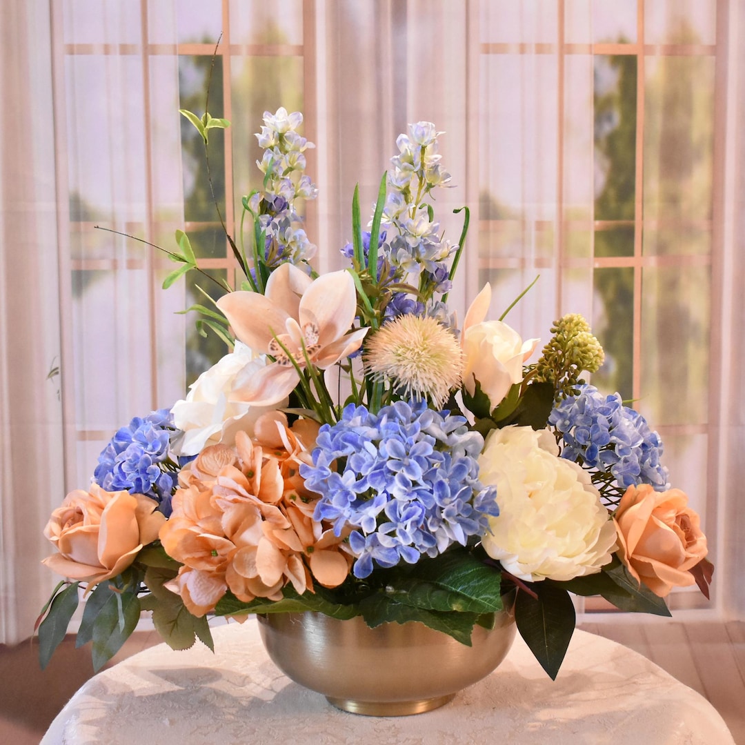 Blue, Cream and Soft Apricot Silk Floral Centerpiece- Silk Flower ...