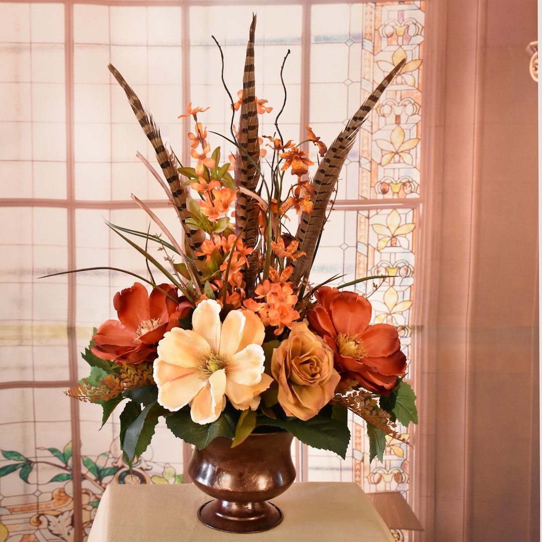 Silk Floral Design With Magnolias and Feathers Earthtones - Etsy