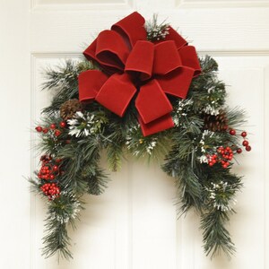 Snow Flocked Holiday Mailbox Swag With Red Velvet Ribbon - Etsy