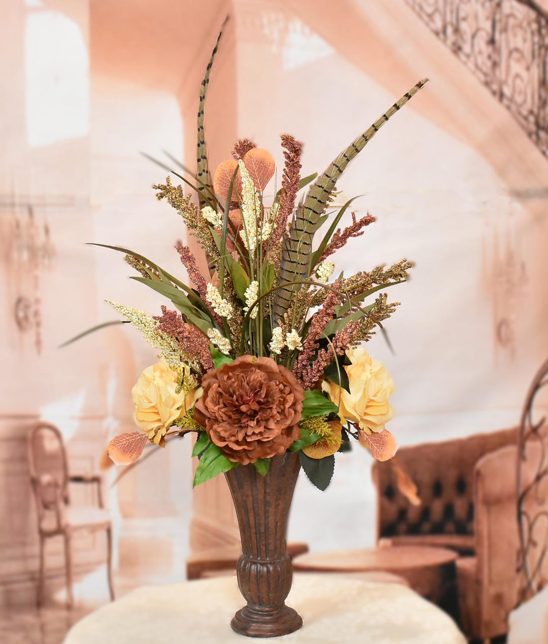 Cinnamon Wildflower Feather Floral Arrangement in Urn Mantel Design One ...