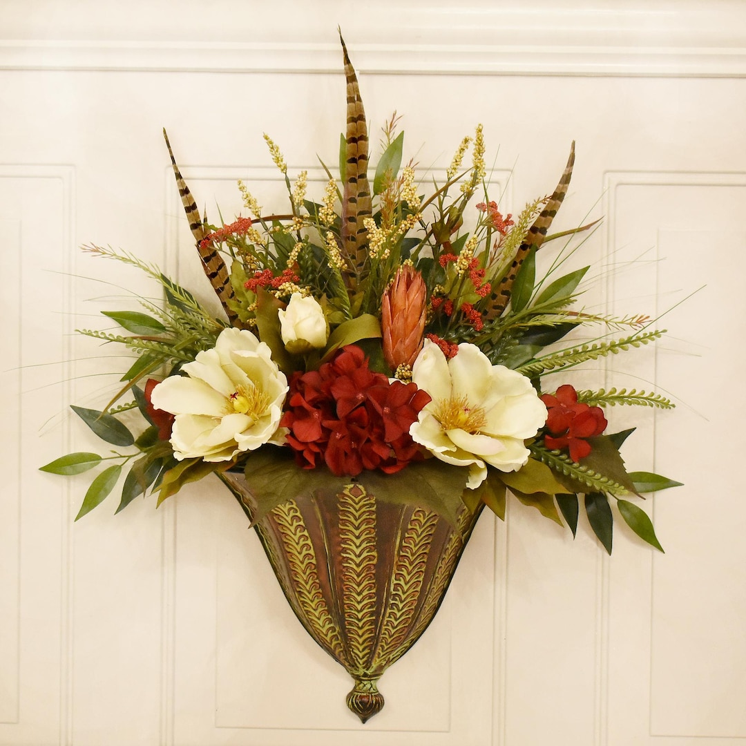 Silk Floral Magnolia and Hydrangea Wall Sconce With Feathers - Etsy