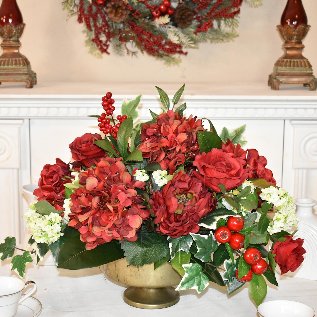 Christmas Floral Silk Centerpiece - Holiday Flower Arrangement - Red ...