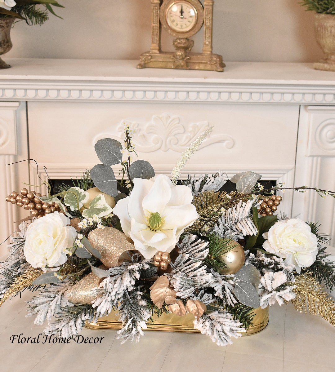 Snow Flocked Winter Centerpiece With Magnolias and Roses - Etsy
