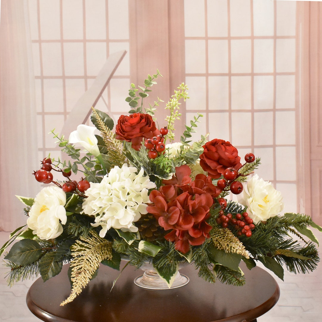 Red and White Winter Centerpiece Christmas Floral Design Holiday Silk ...